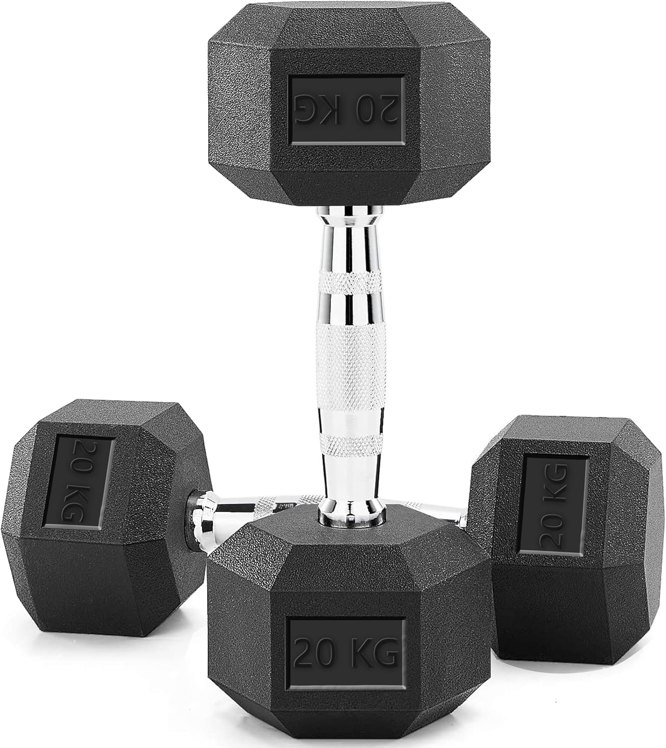 Rubber Coated Hex Dumbbell Set with Chrome Metal Handle for Strength T ...